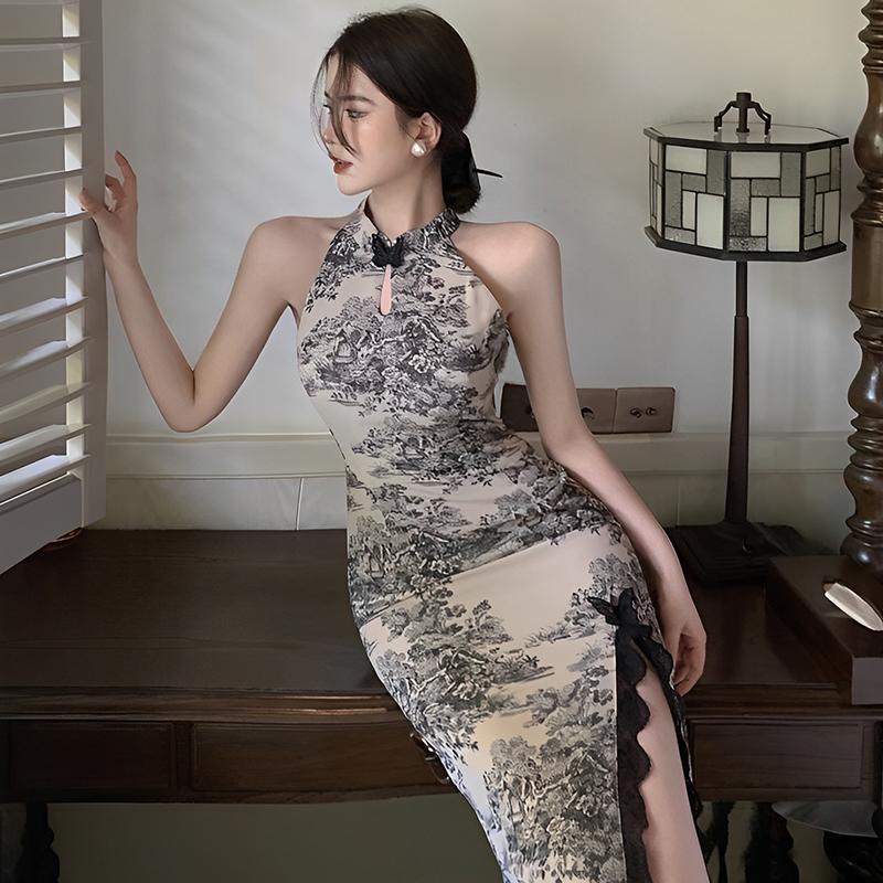 New Chinese Style French Cheongsam High Collar Printing Temperament ...