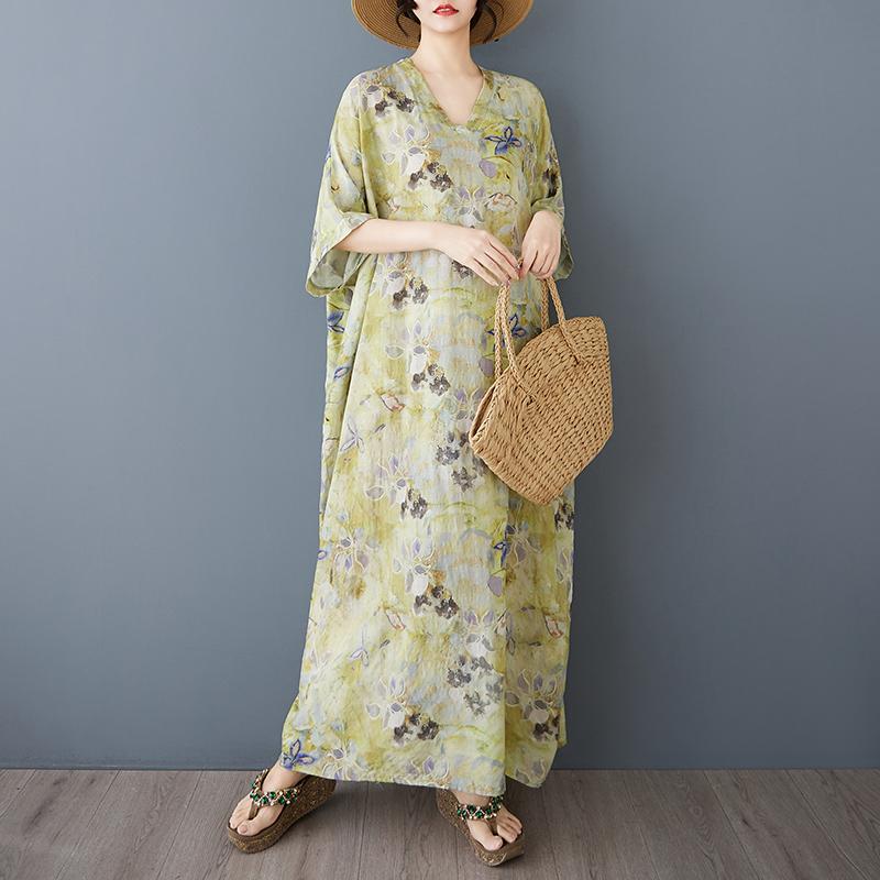 Gaun Panjang, Gaya Percutian Bunga Musim Panas, Leher V, Retro ...