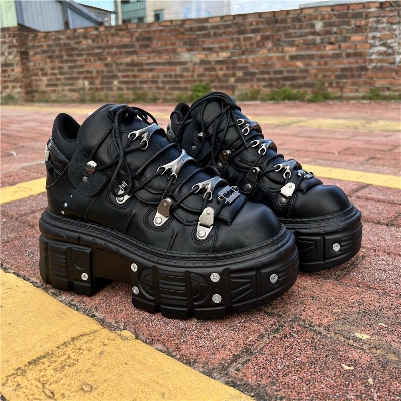 Unisex Retro Punk Chunky Platform Lace-up Shoes With Metallic Accents ...