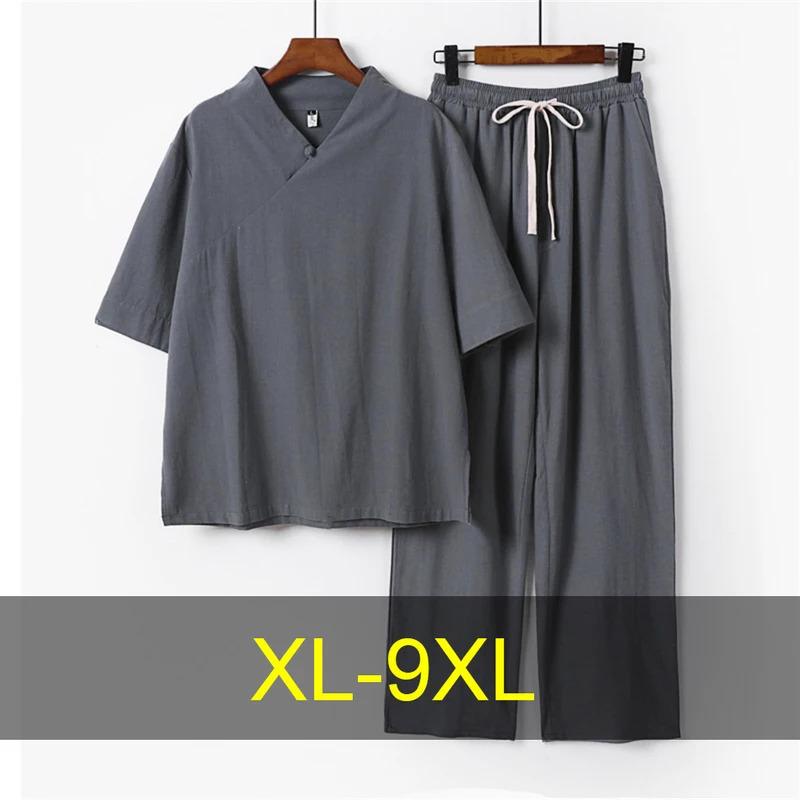 9XL Plus Size Suits Men Sets Summer Linen T-shirts Pants Fashion ...