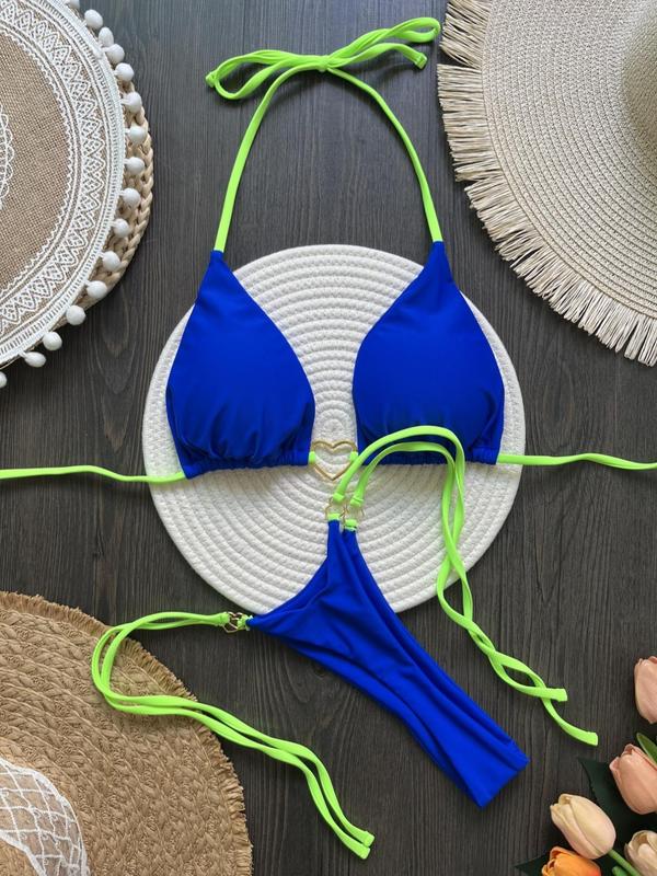 Two-piece Set Women's Colorblock Bikini Set, Casual Halter Swim Bra ...