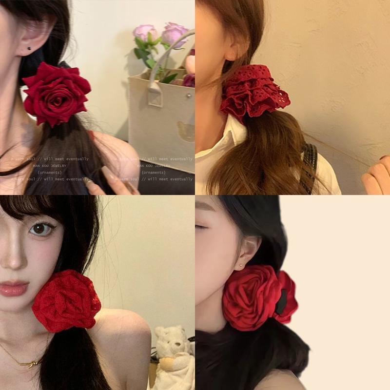 Ikat Rambut Mawar Merah Retro Perancis, Untuk Wanita, Bunga Rambut ...