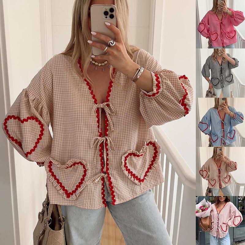 Baju Atasan Berpetak, untuk Wanita, dengan Ikatan bentuk rama-rama ...