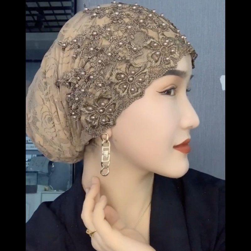 Topi Renda Bersulam, Fesyen, dengan Tepi Manik, Elastik, Penutup ...