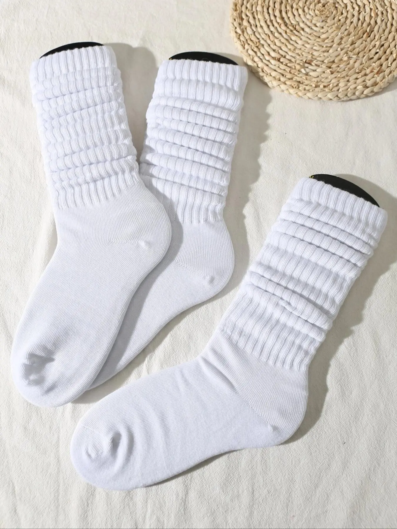 Women's 3 Pairs Vertical Striped Print Crew Socks, Solid Color Soft ...