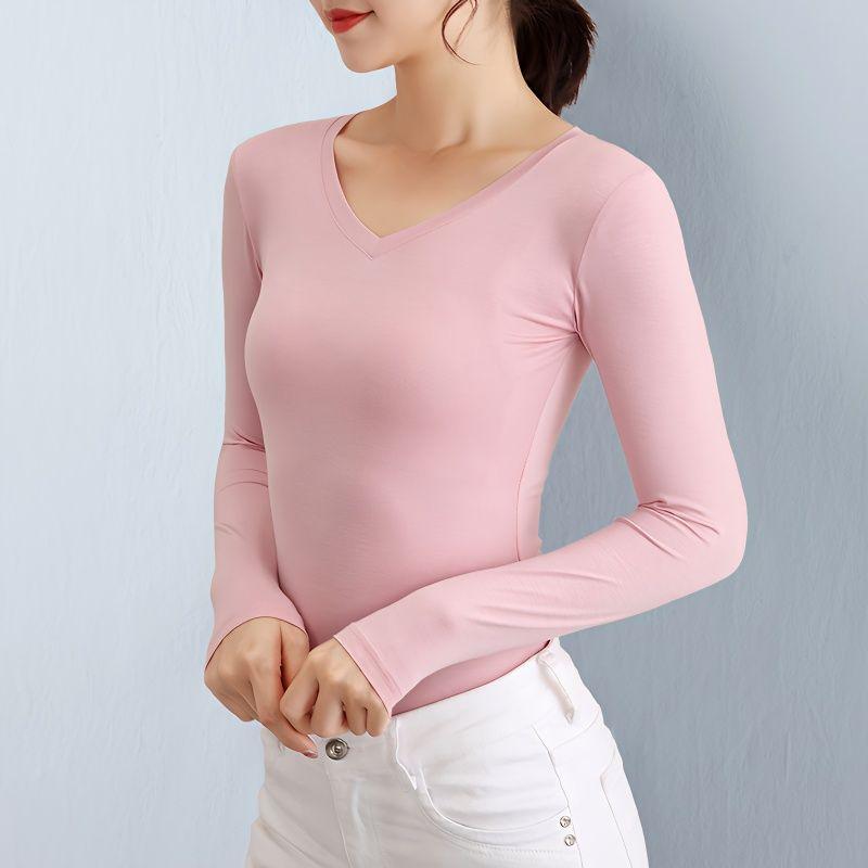 Baju Asas Modal untuk Wanita, Lengan Panjang, Leher V, Slim Fit ...
