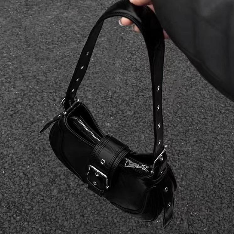 HT Belter Leather Shoulder Bag with Half-Moon Design and Metallic ...