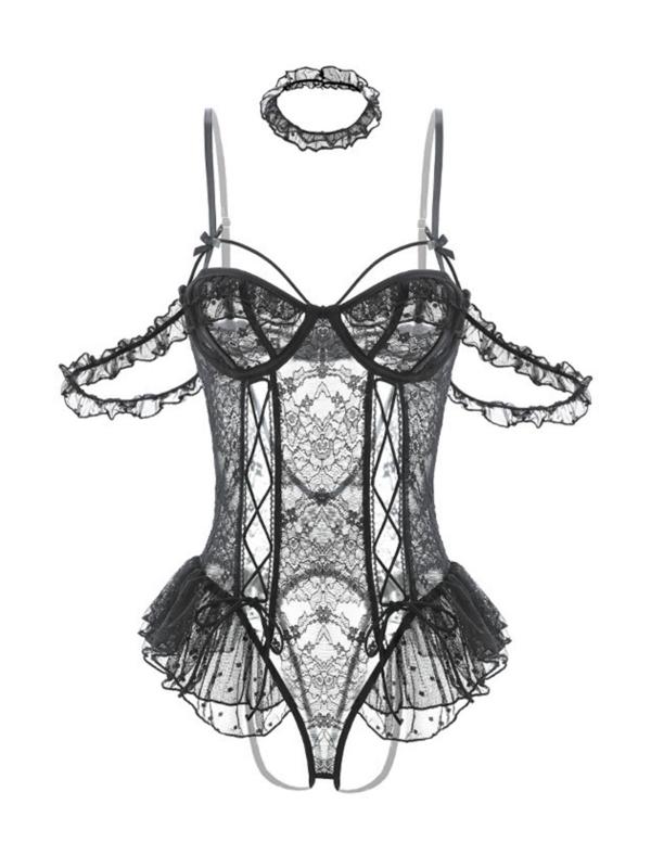Women's Contrast Lace Bow Front Sheer Bodysuit & Choker Two-Piece ...