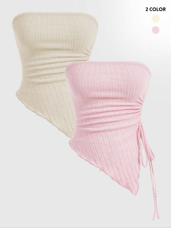 Women's Plain Lettuce Trim Drawstring Side Ruched Tube Top, Elegant ...