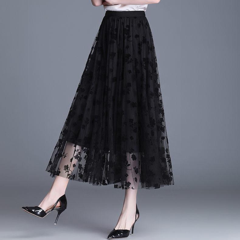 Flocking Floral Tulle Skirt Mid-Length Versatile High Waist Slimming ...
