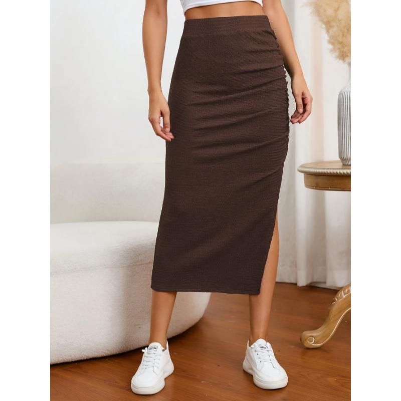 Gamis Palda Black Split Hem Ruched Slim Midi Skirt for Women - TikTok Shop