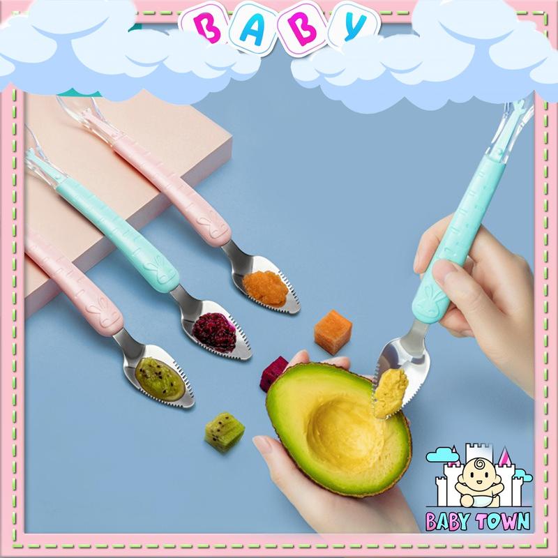 Baby Fruit Scraper Spoon Puree Soft Silicone Dual Use Kids Stainless ...