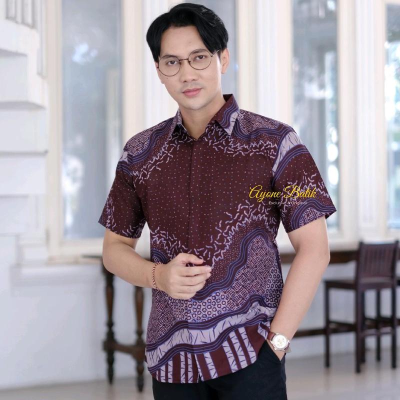 Kemeja Batik Lengan Pendek, Slim Fit, Untuk Lelaki, Warna Merah ...