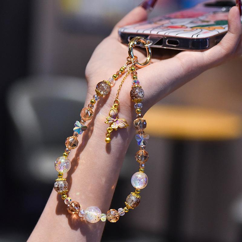 Lanyard Telefon Kristal, Reka Bentuk Daun Emas, Manik Pesona Rama-rama ...