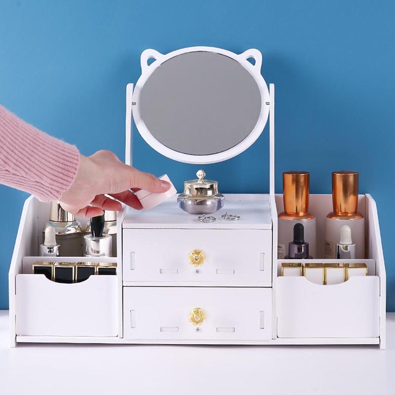 Cat Ear Mini Cosmetic Storage Box with Mirror Makeup Drawer Nail ...