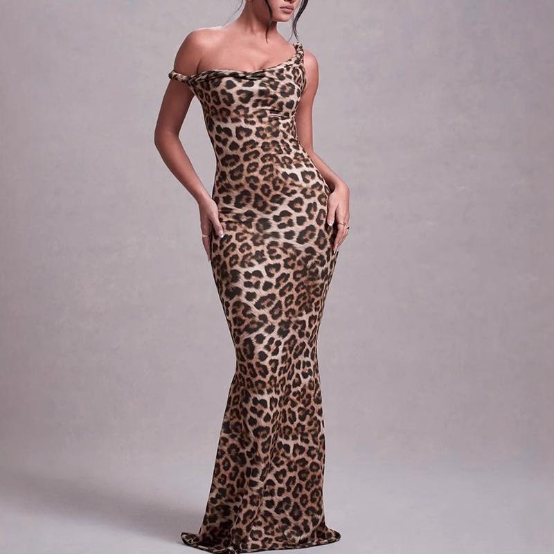 Gaun Tali Cetakan Leopard, Gaun Panjang, Fesyen Wanita Eropah dan ...