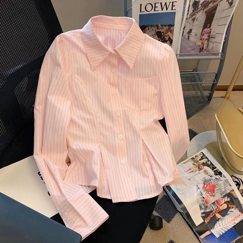 CHICMORE Atasan kemeja llonggar kancing desain lipit kerah boneka ...