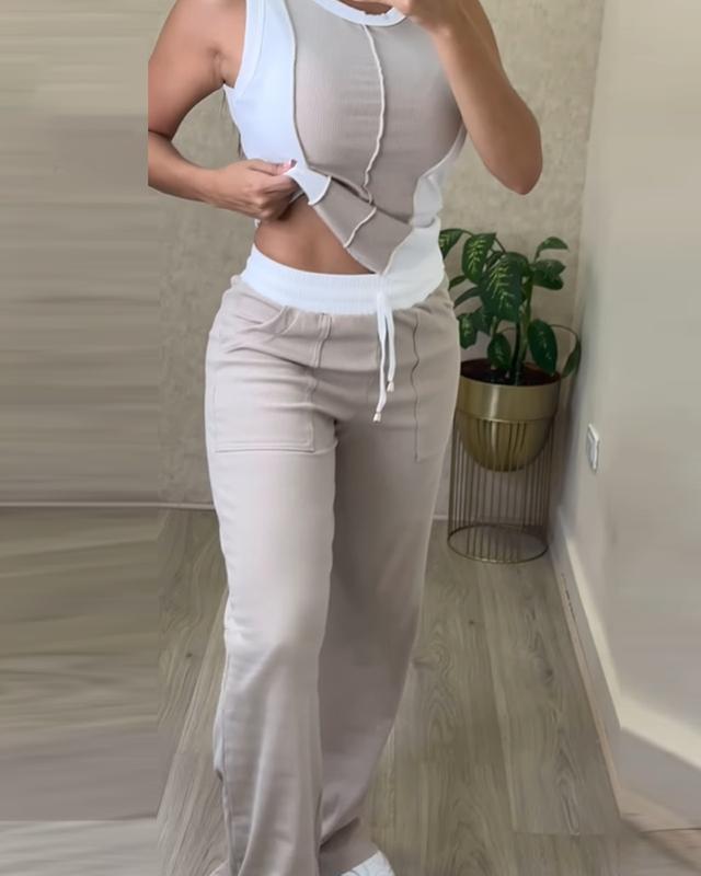 Chicme Colorblock Ribbed Tank Top & Pocket Design Pants Set top ...