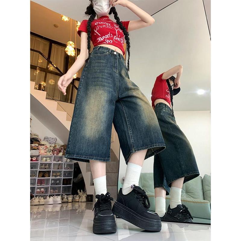 Seluar Pendek Denim, Gaya Retro Amerika, Warna Biru Retro, Pinggang ...