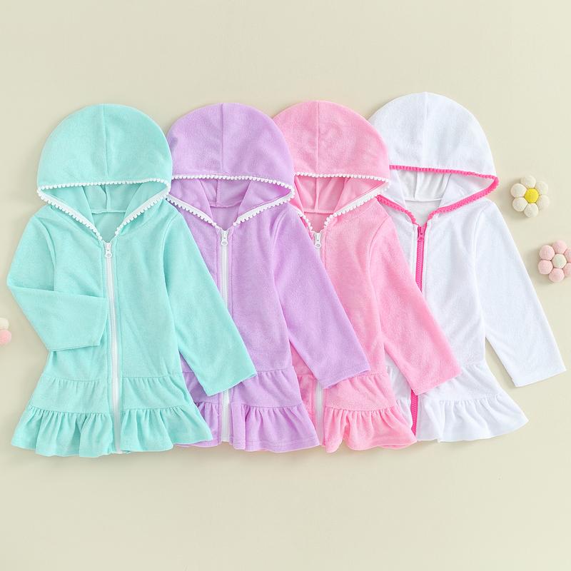 Girl Hoodie Dress Solid Color Ruffled Zipper Long Sleeves Beach ...