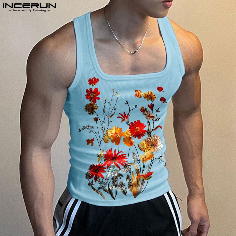 INCERUN Men U Neck Floral Printed Tanks Top Casual Sport Sleeveless ...
