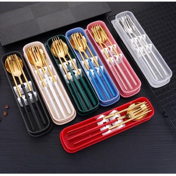 Promo Stainless Steel Alat Makan Set Sendok Garpu Sumpit Korean Style 3 ...