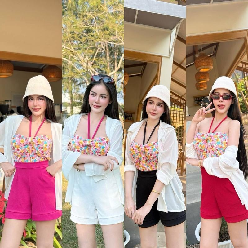 ชุดเซ็ต 3 ชิ้น เสื้อเป็นผ้าเปลือกไม้ S282 เกาะอกคล้องคอ สม็อคด้านหลัง - TikTok Shop Thailand