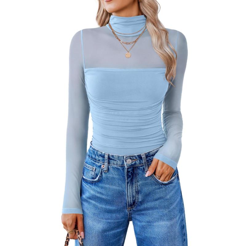 Women's Long Sleeve Turtleneck Bodysuit - Beige Mesh Panel Ruched ...