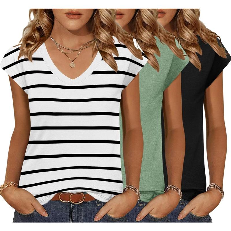 Women tops cap sleeve t shirts V neck basic tops lightweight - TikTok Shop