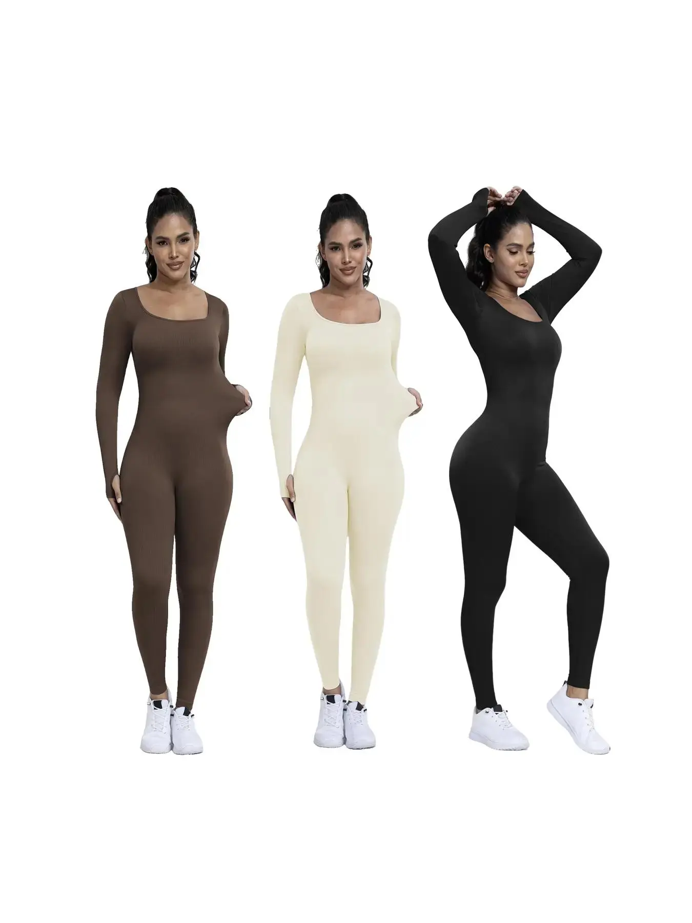 Women's 1 Piece Solid Long Sleeve Ribbed Sports Shapewear Bodysuit ...