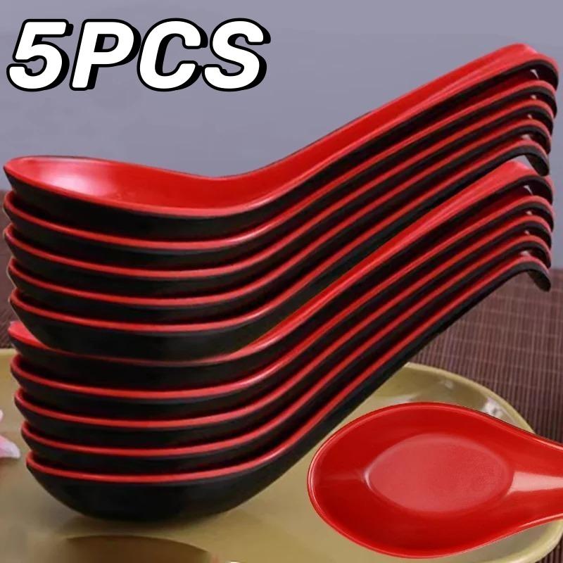5Pcs Spoon Long Handle Red Black Melamine Plastic Hangable Noodle ...