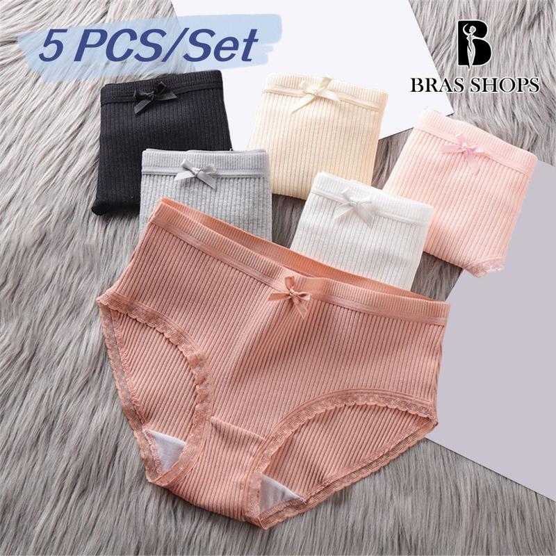 Set Seluar Dalam Wanita, 5PCS, Warna Pepejal, Rekaan Ikatan bentuk rama ...