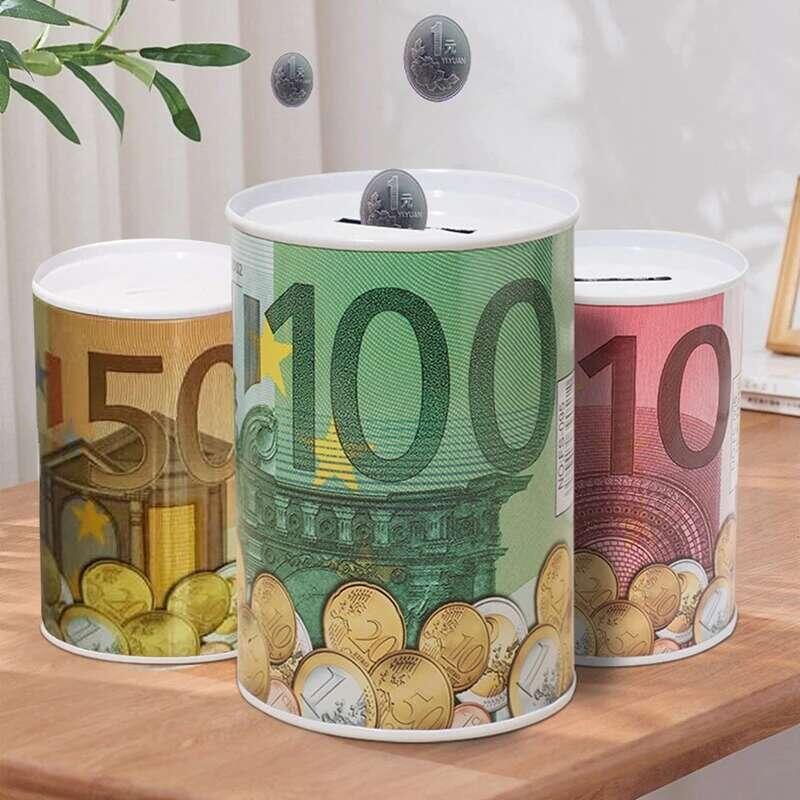 Piggy Bank Silinder, Bahan Plat Tin, Reka Bentuk Euro dan Dolar ...