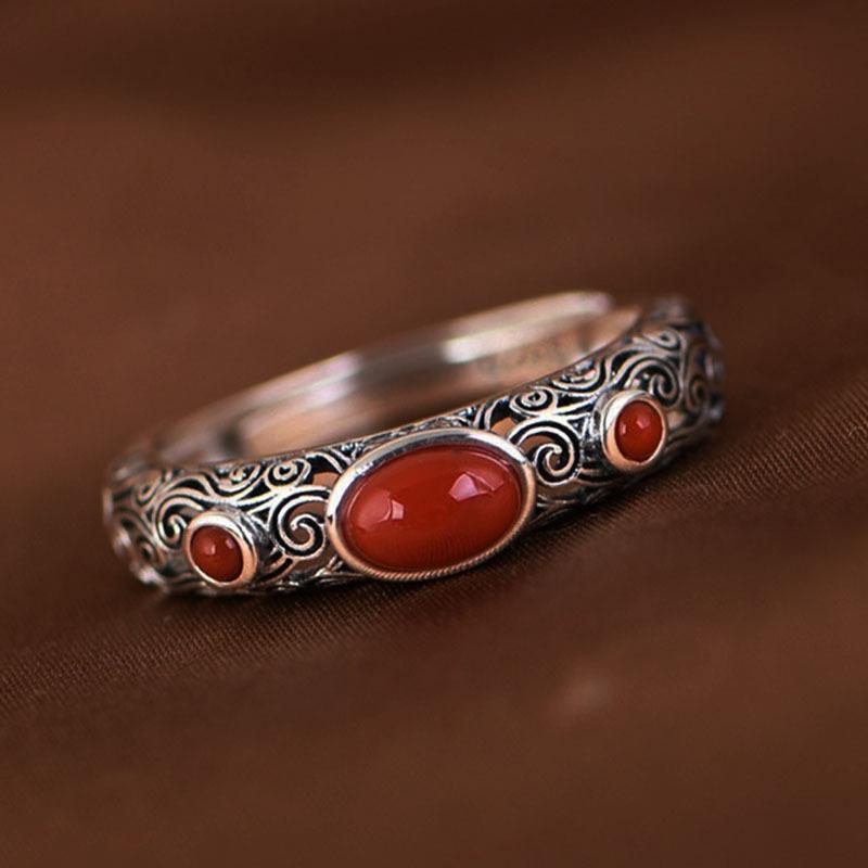 Retro pattern embellishment, red jade ring, simple gift opening ring ...