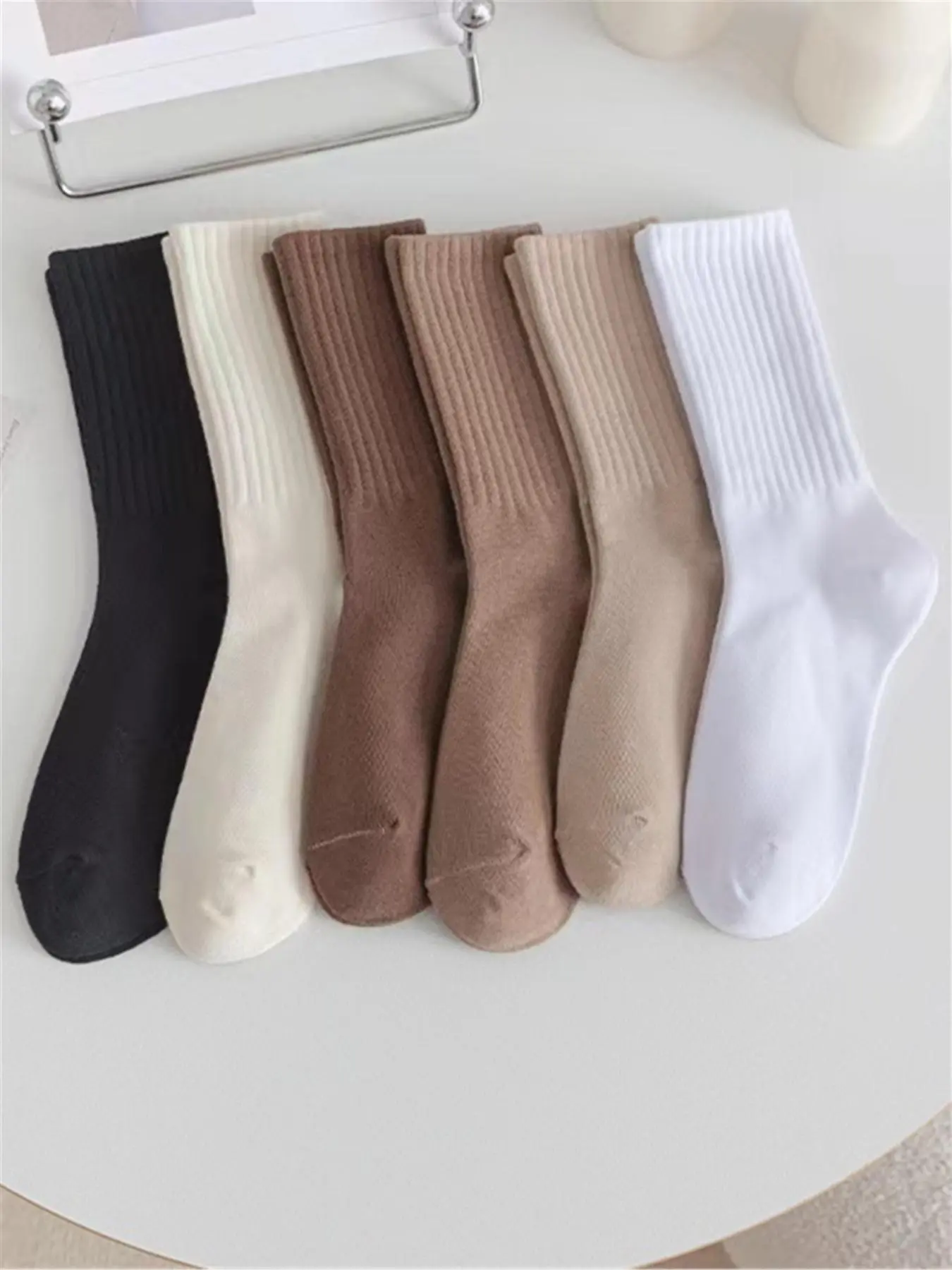 Women's 6 Pairs Solid Crew Socks, Fashion Casual Comfy Mid Calf Socks for Outdoor Daily Wear ...