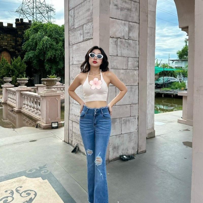 Quần Jeans Nữ, quần bò nữ lưng cao ống loe dài lai tua xanh nhạt ...