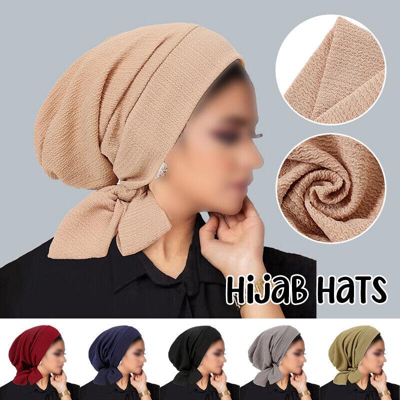 Solid Color Crinkle Turban Hijab Hats Long Tail Head Wraps Elastic ...