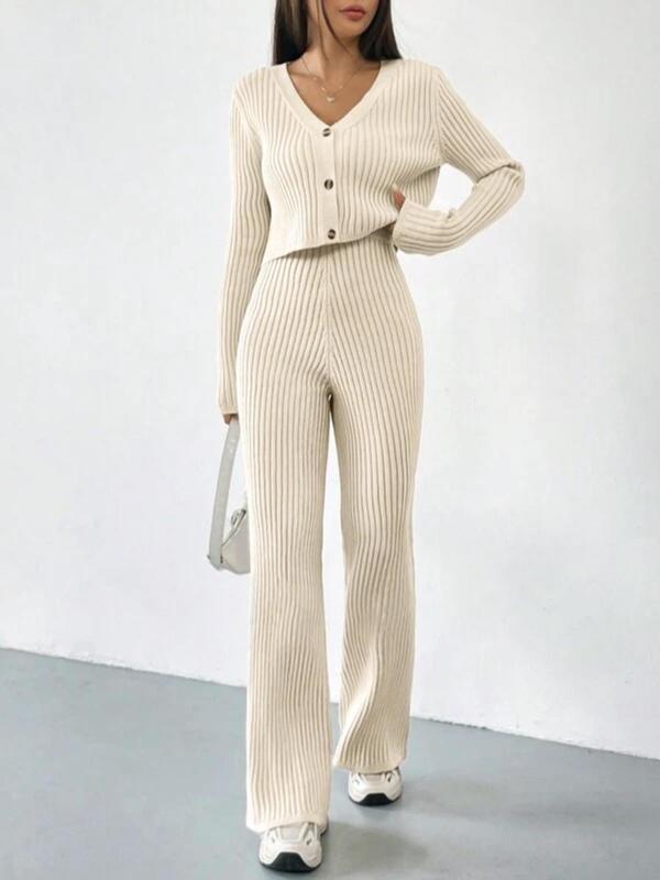 Two-piece Set Women's Solid Button Front Crop Cardigan & Hig - TikTok Shop