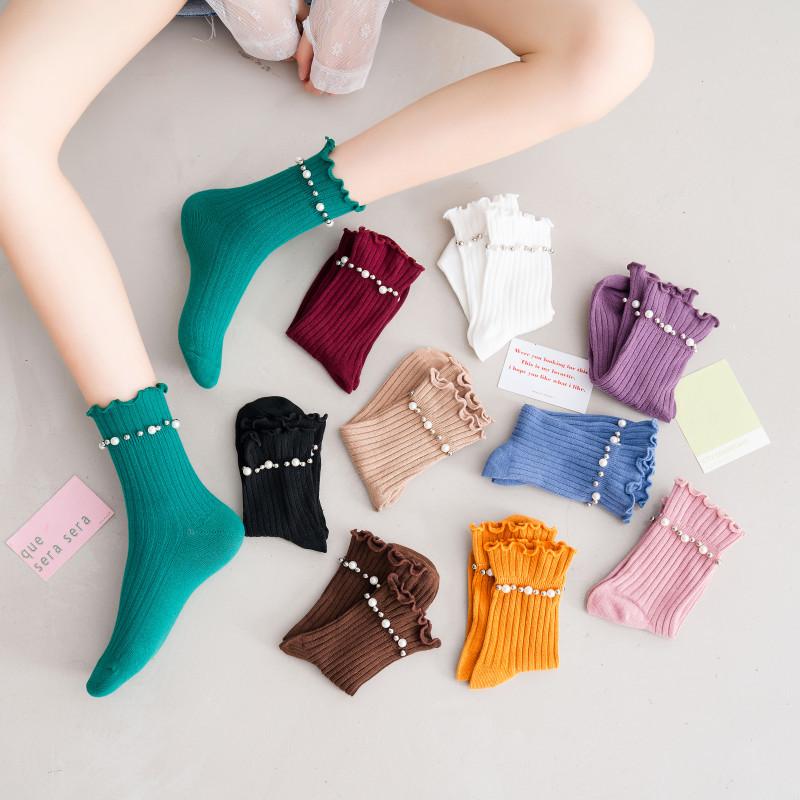 Beads Japanese Style Cotton Sock Student Pearl Female Middle Tube Socks ...