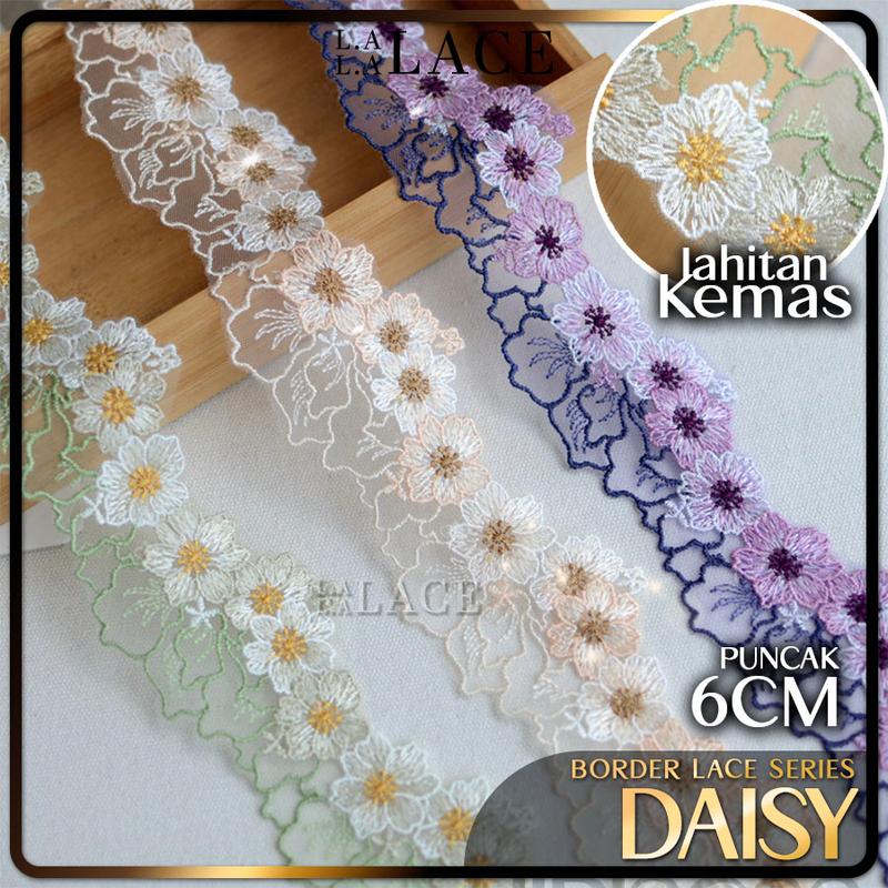 [8 COLORS] Daisy Flower Border Lace 6cm Premium Trimming Lace Renda ...