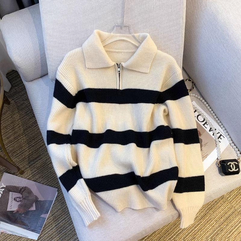 Sweater Berjalur Hitam, Berkualiti Tinggi, Lengan Panjang Wanita ...