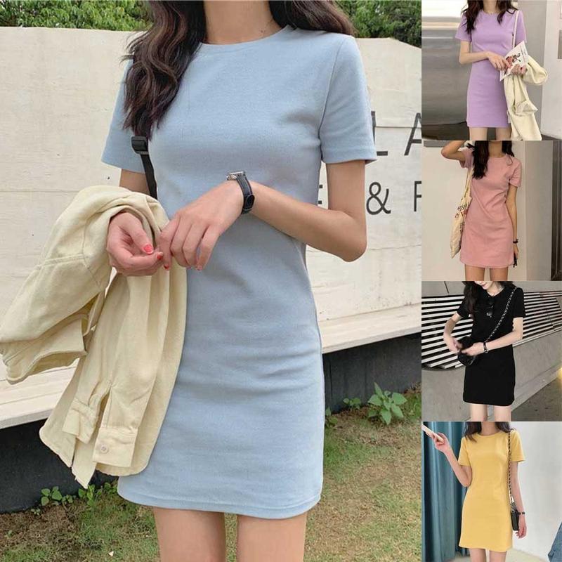 Women Summer -Long Short Sleeve T-shirt Dress Candy Color Dress ...