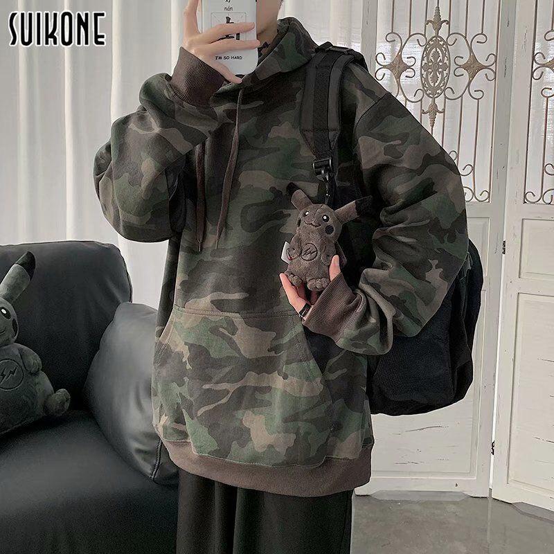 Suikone Men's sweater camouflage retro loose wild trend tooling ...