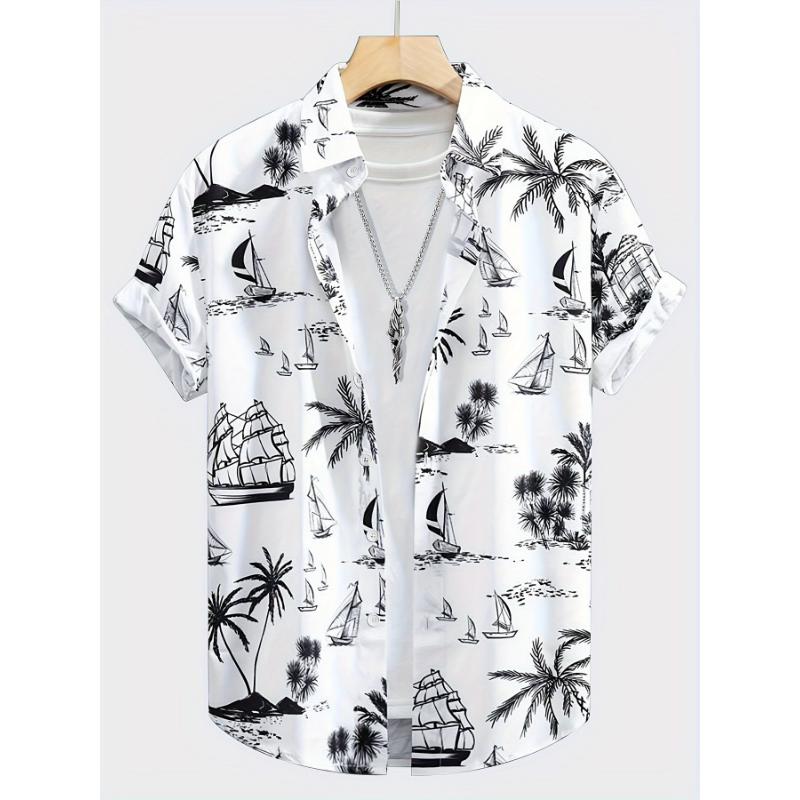 Plus Size Men's Boats Print Shirt, Casual Lapel Button Up Short ...