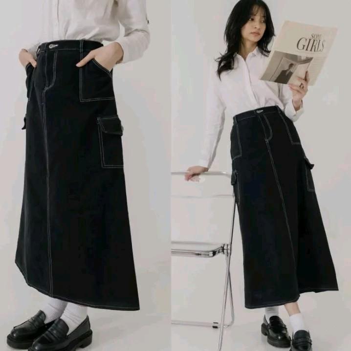 ROK CARGO LIST JEANS DENIM WANITA PUTIH HITAM ROK SPAN PANJANG - Shop ...