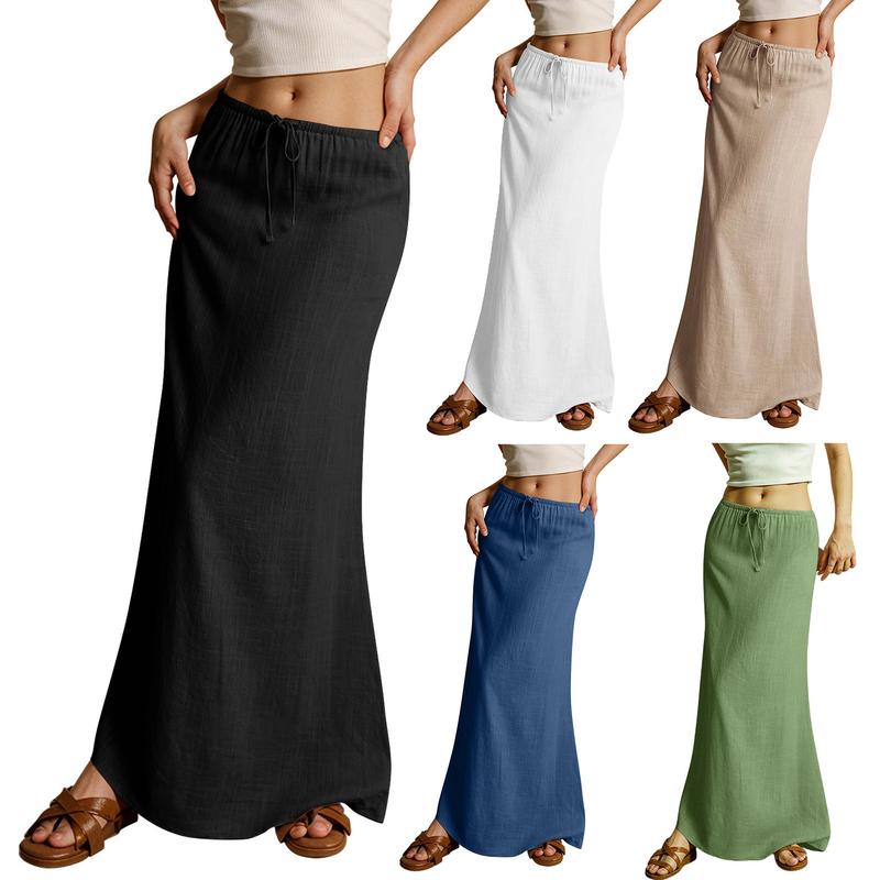 Women Maxi Skirt Mid-rise A-Line Drawstring Solid Color Long - TikTok ...