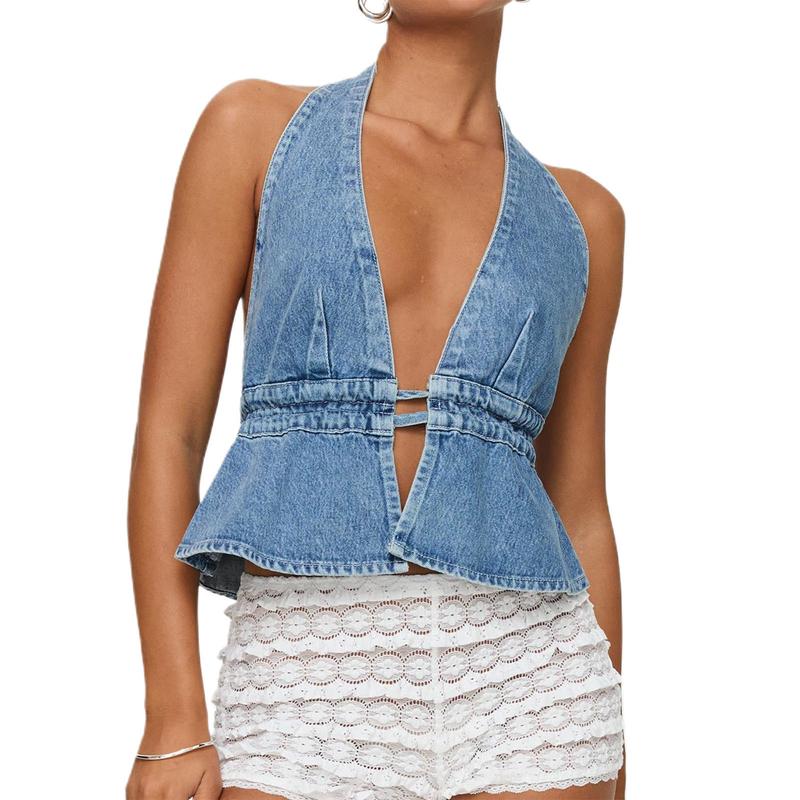 Denim Halter Tops for Women Low Cut Deep V Neck Jean Tank Top Tie Up ...