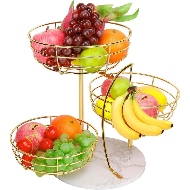 Fruit Basket Bowl with Banana Hanger, Metal Fruit Vegetable Storage ...