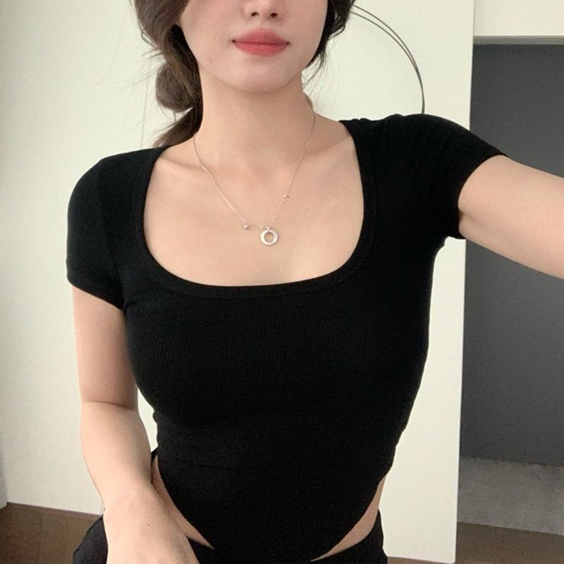 Women's Knitted Short Sleeve T-Shirt Plain Round Neck Croppe - TikTok ...