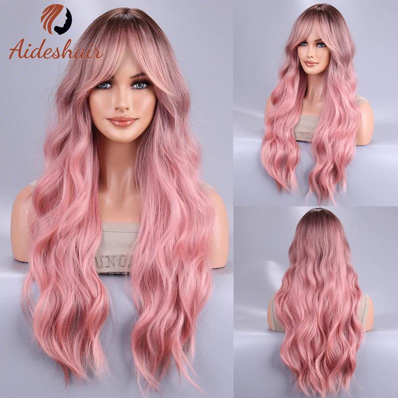 Long Body Wave Ombre Black Pink Cosplay Wigs Heat Resistant Synthetic ...